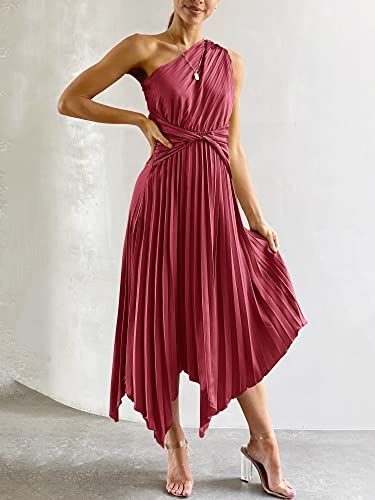 ANRABESS Women's Summer One Shoulder Elegant Cocktail Party Midi Dress Sleeveless Pleated Asymmetric Satin Evening Night Dress Wedding Guest Graduation Prom Dresses 751zaohong-S Maroon