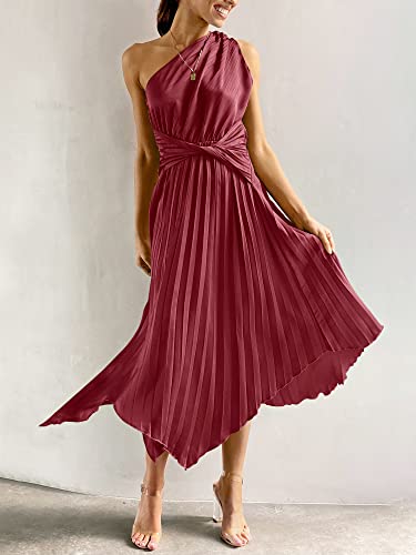 ANRABESS Women's Summer One Shoulder Elegant Cocktail Party Midi Dress Sleeveless Pleated Asymmetric Satin Evening Night Dress Wedding Guest Graduation Prom Dresses 751zaohong-S Maroon