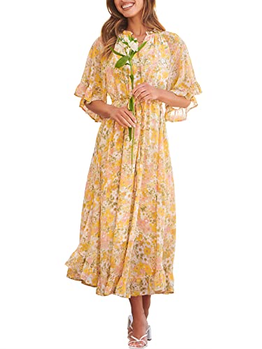 ANRABESS Women's Summer Ruffle Maxi Dress Floral Print 3/4 Bell Sleeve V Neck High Waist Flowy Boho Long Dress 746fenhuang-XL