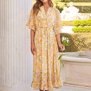 ANRABESS Women's Summer Ruffle Maxi Dress Floral Print 3/4 Bell Sleeve V Neck High Waist Flowy Boho Long Dress 746fenhuang-XL