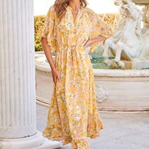 ANRABESS Women's Summer Ruffle Maxi Dress Floral Print 3/4 Bell Sleeve V Neck High Waist Flowy Boho Long Dress 746fenhuang-XL