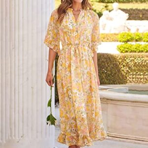 ANRABESS Women's Summer Ruffle Maxi Dress Floral Print 3/4 Bell Sleeve V Neck High Waist Flowy Boho Long Dress 746fenhuang-XL