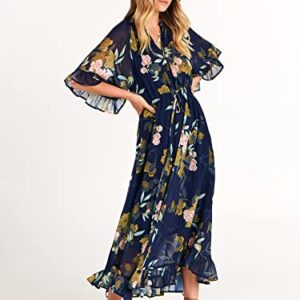 ANRABESS Women's Summer Ruffle Maxi Dress Floral Print 3/4 Bell Sleeve V Neck High Waist Flowy Boho Long Dress 746fenchahua-L