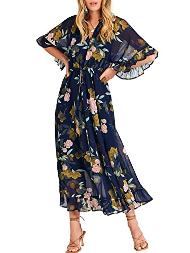 ANRABESS Women's Summer Ruffle Maxi Dress Floral Print 3/4 Bell Sleeve V Neck High Waist Flowy Boho Long Dress 746fenchahua-L