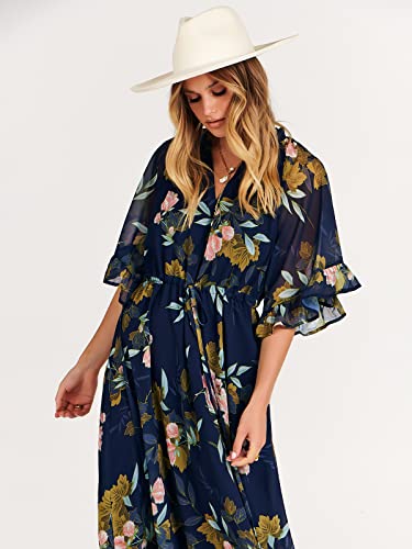 ANRABESS Women's Summer Ruffle Maxi Dress Floral Print 3/4 Bell Sleeve V Neck High Waist Flowy Boho Long Dress 746fenchahua-L