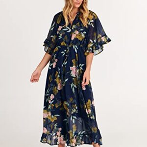 ANRABESS Women's Summer Ruffle Maxi Dress Floral Print 3/4 Bell Sleeve V Neck High Waist Flowy Boho Long Dress 746fenchahua-L