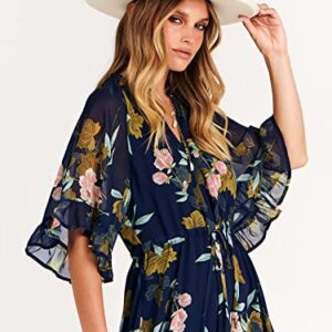 ANRABESS Women's Summer Ruffle Maxi Dress Floral Print 3/4 Bell Sleeve V Neck High Waist Flowy Boho Long Dress 746fenchahua-L