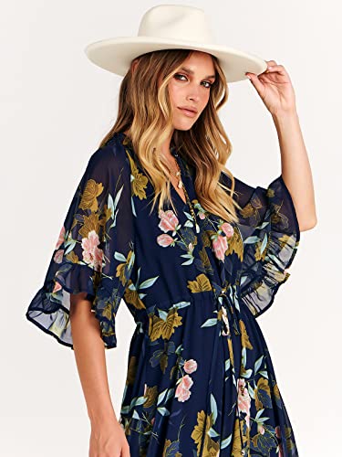 ANRABESS Women's Summer Ruffle Maxi Dress Floral Print 3/4 Bell Sleeve V Neck High Waist Flowy Boho Long Dress 746fenchahua-L