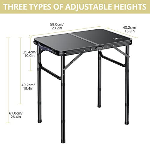 Anbte Folding Camping Table with Storage Net, Pure Black Aluminum 2ft Picnic Table 24" x 16" Outdoor Table Adjustable Height Max 26.5 inch, Lightweight, Waterproof, Portable Handle for Travel