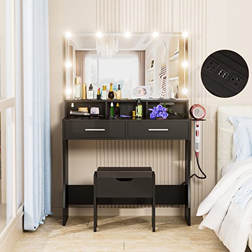 Titoni Makeup Vanity with Lighted Mirror & Power Outlet, Makeup Table Vanity Set with 3 Lighting Colors, Brightness Adjustable