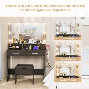 Titoni Makeup Vanity with Lighted Mirror & Power Outlet, Makeup Table Vanity Set with 3 Lighting Colors, Brightness Adjustable