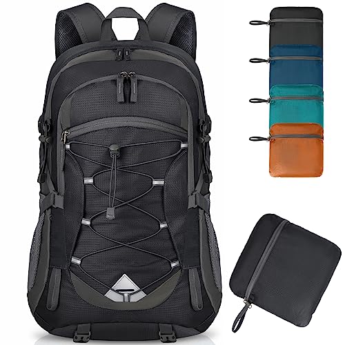 Lightweight Hiking Backpack 40L Packable Daypack for Men Women Waterproof Camping Bag Foldable Outdoor Sport Travel Climbing Trekking Camping, Black