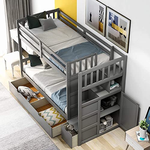 DNYN Stairway Twin Over Full & Twin Bunk Bed with Storage Shelves & Drawers,Convertible Bunkbeds,Wooden Home Furniture Bedframe,No Box Spring Need,Perfect for Kids Bedroom,Guest Room, Gray