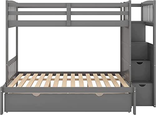 DNYN Stairway Twin Over Full & Twin Bunk Bed with Storage Shelves & Drawers,Convertible Bunkbeds,Wooden Home Furniture Bedframe,No Box Spring Need,Perfect for Kids Bedroom,Guest Room, Gray