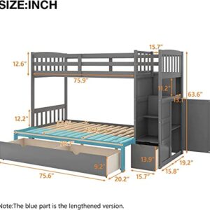 DNYN Stairway Twin Over Full & Twin Bunk Bed with Storage Shelves & Drawers,Convertible Bunkbeds,Wooden Home Furniture Bedframe,No Box Spring Need,Perfect for Kids Bedroom,Guest Room, Gray