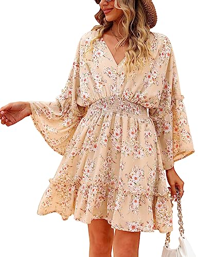 Jollycode Summer Spring Dresses for Women 2023 Casual Boho Floral A-Line Mini Dress Flowy Chiffon Short Dress