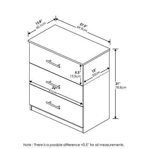 Furinno Tidur Simple Design Dresser, 3-Drawer Handle, Solid White