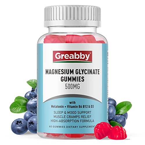 Magnesium Glycinate 500mg Gummies with Melatonin, Vitamin B6, B12 & D3, Calm Sleep Supplement Magnesium Chewable Gummies for Women & Men, Muscle Relief & Mood Support, Vegan, Organic (60 Gummies)