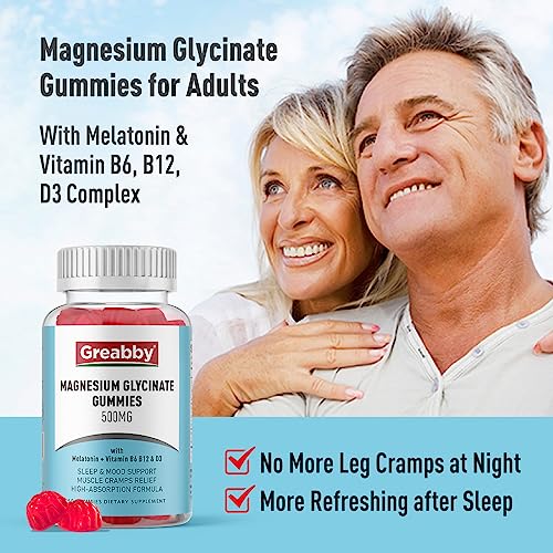 Magnesium Glycinate 500mg Gummies with Melatonin, Vitamin B6, B12 & D3, Calm Sleep Supplement Magnesium Chewable Gummies for Women & Men, Muscle Relief & Mood Support, Vegan, Organic (60 Gummies)