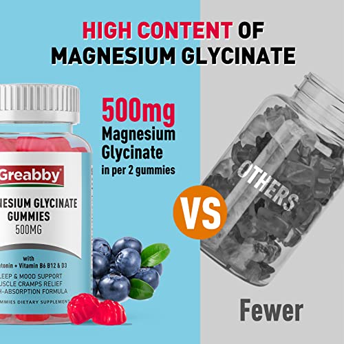 Magnesium Glycinate 500mg Gummies with Melatonin, Vitamin B6, B12 & D3, Calm Sleep Supplement Magnesium Chewable Gummies for Women & Men, Muscle Relief & Mood Support, Vegan, Organic (60 Gummies)