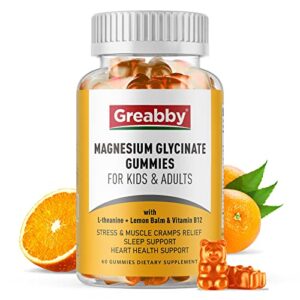 magnesium glycinate gummies with vitamin b12 - magnesium gummies chewable for kids & adults, l-theanine for cognitive, magnesium glycinate for stress relief, sleep support & muscle cramps(60count)