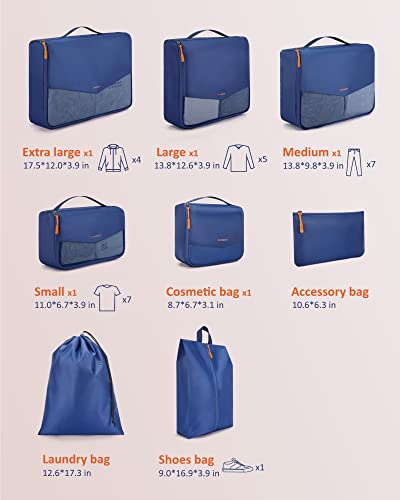 BAGSMART Packing Cubes for Suitcase, 8 Set Travel Packing Organizers Cubes, Lightweight Travel Cubes with Laundry Bag, Durable Luggage Suitcase Organizer Bag Set with Shoe Bag Blue