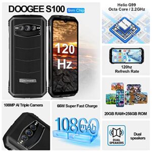 DOOGEE S100 Rugged Smartphone(2023), 20GB+256GB Dual 4G Gaming Rugged Phones Unlocked, 120Hz 6.58" Rugged Cell Phone, 66W Fast Charge, Dual Speakers, Android 12, 108MP Camera, Night Vision, NFC, OTG