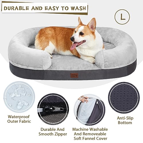 pettycare Orthopedic Dog Bed for Large Dogs with Memory Foam, Waterproof Pet Bed Soft Sofa with Washable Removable Cover Anti-Slip Bottom, Extra Head and Neck Support Sleeper, 38” Grey