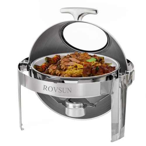 ROVSUN Roll Top Chafing Dish Buffet Set,6 Quart Round Stainless Steel Chafer for Catering,Buffet Servers and Warmers Set with Glass Window for Wedding, Parties, Banquet, Events，Graduation