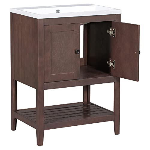 Merax 24" Modern Sleek Bathroom Vanity Elegant Ceramic Sink with Solid Wood Frame Open Style Shelf, Brown