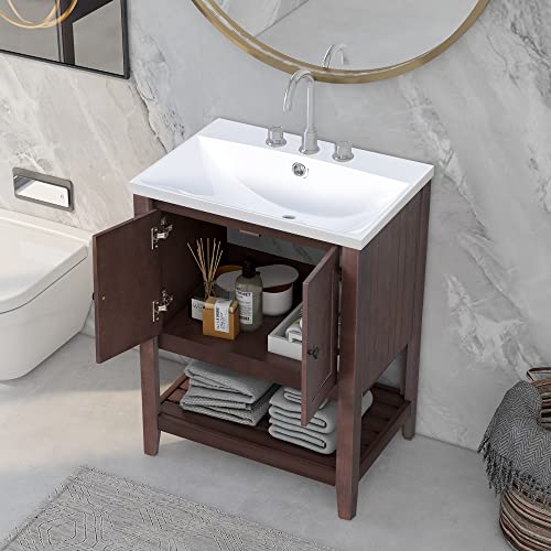 Merax 24" Modern Sleek Bathroom Vanity Elegant Ceramic Sink with Solid Wood Frame Open Style Shelf, Brown