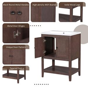 Merax 24" Modern Sleek Bathroom Vanity Elegant Ceramic Sink with Solid Wood Frame Open Style Shelf, Brown