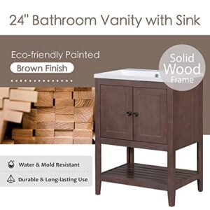 Merax 24" Modern Sleek Bathroom Vanity Elegant Ceramic Sink with Solid Wood Frame Open Style Shelf, Brown