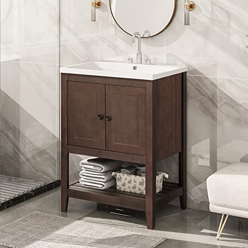 Merax 24" Modern Sleek Bathroom Vanity Elegant Ceramic Sink with Solid Wood Frame Open Style Shelf, Brown