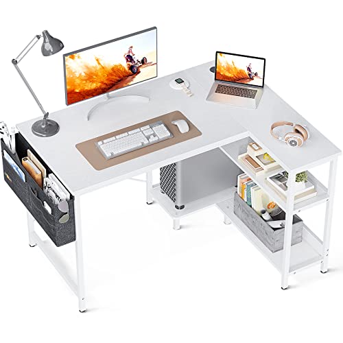 ODK Small L Shaped Computer Desk, 40 Inch Corner Desk with Reversible Storage Shelves & PC Stand for Home Office Workstation, Modern Simple Writing Study Table with Storage Bag for Small Space, White