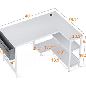 ODK Small L Shaped Computer Desk, 40 Inch Corner Desk with Reversible Storage Shelves & PC Stand for Home Office Workstation, Modern Simple Writing Study Table with Storage Bag for Small Space, White