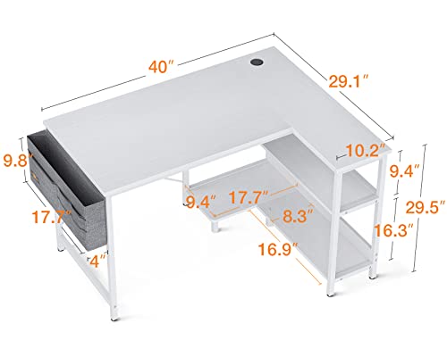 ODK Small L Shaped Computer Desk, 40 Inch Corner Desk with Reversible Storage Shelves & PC Stand for Home Office Workstation, Modern Simple Writing Study Table with Storage Bag for Small Space, White