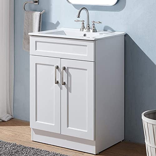 Wenore Home Bathroom Vanity 24 Inch, Small Bath Vanity with Sink, White Modern Sink Cabinet, Wood Standing Bath Vanity Combo with Ceramic Sink and 2 Closing Doors