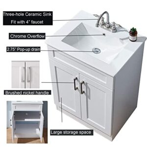 Wenore Home Bathroom Vanity 24 Inch, Small Bath Vanity with Sink, White Modern Sink Cabinet, Wood Standing Bath Vanity Combo with Ceramic Sink and 2 Closing Doors