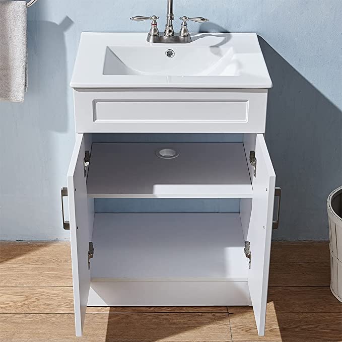 Wenore Home Bathroom Vanity 24 Inch, Small Bath Vanity with Sink, White Modern Sink Cabinet, Wood Standing Bath Vanity Combo with Ceramic Sink and 2 Closing Doors