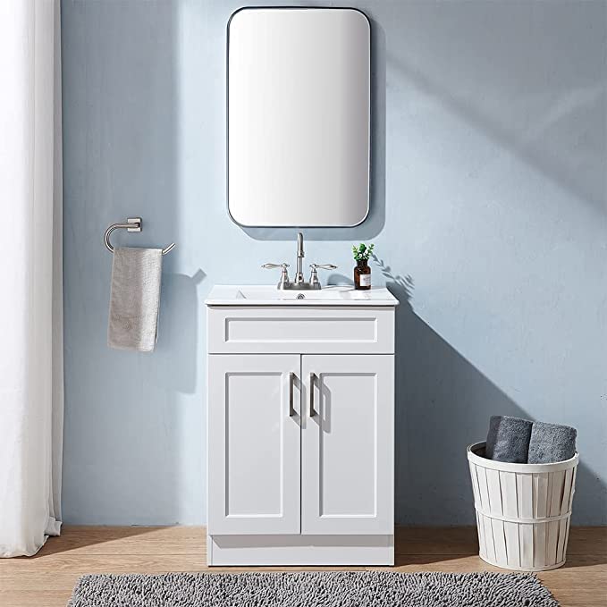 Wenore Home Bathroom Vanity 24 Inch, Small Bath Vanity with Sink, White Modern Sink Cabinet, Wood Standing Bath Vanity Combo with Ceramic Sink and 2 Closing Doors