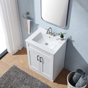 Wenore Home Bathroom Vanity 24 Inch, Small Bath Vanity with Sink, White Modern Sink Cabinet, Wood Standing Bath Vanity Combo with Ceramic Sink and 2 Closing Doors