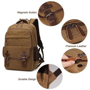 lulusnie Canvas Backpack, Vintage Daypack for Men Women, Brown Travel Rucksack Backpack College Computer Bookbag Fits 15.6 Inch Laptop, Brown