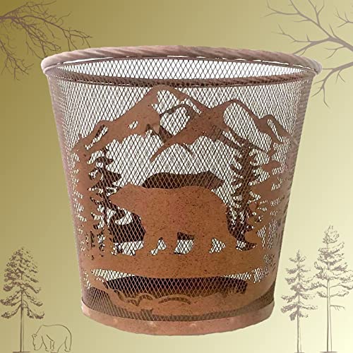 AMAJY Rustic Bear Forest Mountain Metal Waste Basket in Rustic Style Brown Metal Mesh Trash Can