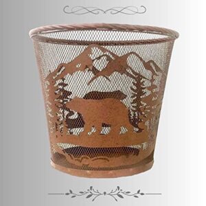 AMAJY Rustic Bear Forest Mountain Metal Waste Basket in Rustic Style Brown Metal Mesh Trash Can