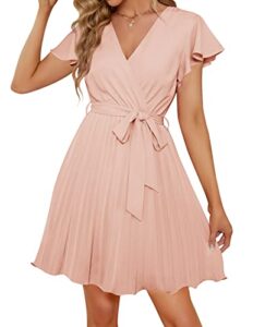 zesica women's wrap v neck mini dress 2023 summer flutter sleeve tie waist pleated a line swing wedding party short dresses,lightpink,medium