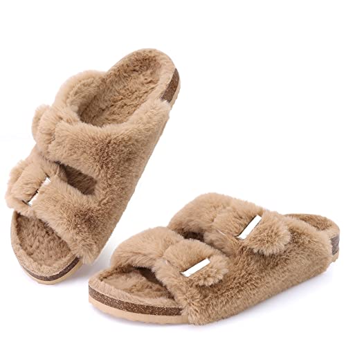 KIDMI Fuzzy House Slippers for Women with Arch Support Adjustable Straps Fluffy Bedroom Slippers Cork Fur Slides for Bride, Khiki 8