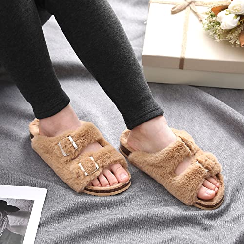 KIDMI Fuzzy House Slippers for Women with Arch Support Adjustable Straps Fluffy Bedroom Slippers Cork Fur Slides for Bride, Khiki 8