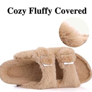 KIDMI Fuzzy House Slippers for Women with Arch Support Adjustable Straps Fluffy Bedroom Slippers Cork Fur Slides for Bride, Khiki 8