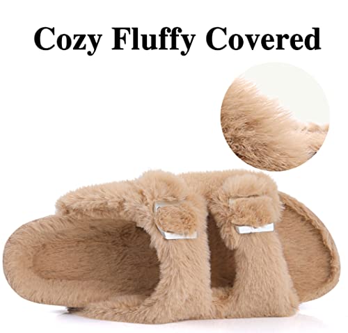 KIDMI Fuzzy House Slippers for Women with Arch Support Adjustable Straps Fluffy Bedroom Slippers Cork Fur Slides for Bride, Khiki 8